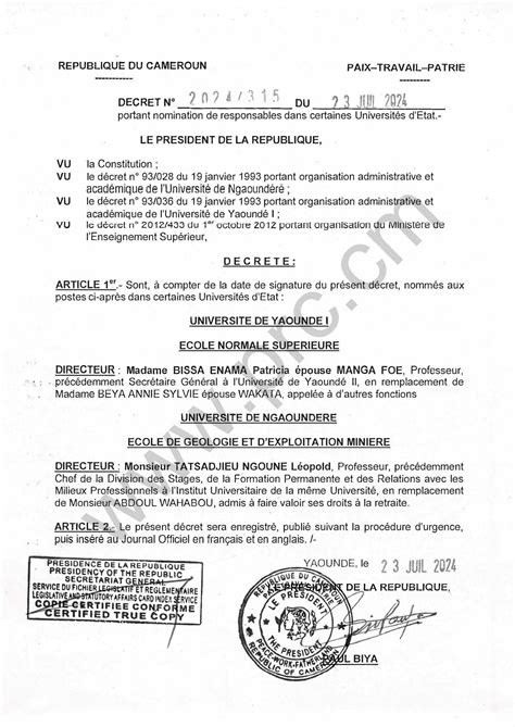 Décret N°2024315 Du 23 Juillet 2024 Portant Nomination De Responsables