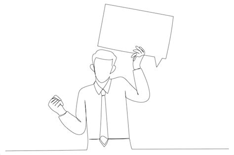 빈 공간으로 연설 거품을 들고 사업가 단일 연속 라인 아트 스타일 프리미엄 벡터