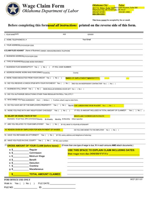 Wage Claim Form Printable Pdf Download