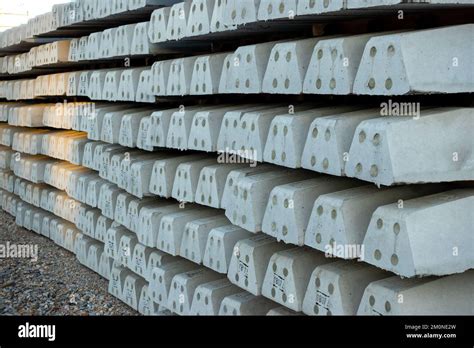 Stacks Of Concrete Railway Sleepers At The Construction Site Of A New Railway Investments In