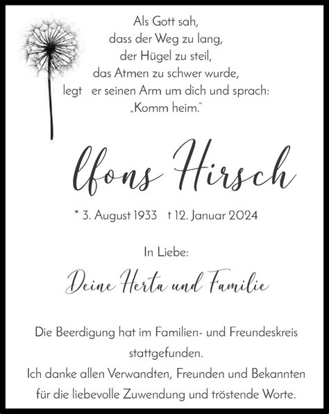 Traueranzeigen Von Alfons Hirsch Trauer In NRW De