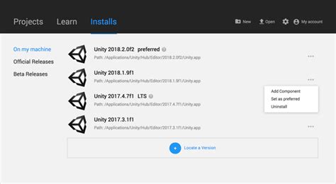 허브를 이용하여 Unity 설치 Unity 매뉴얼