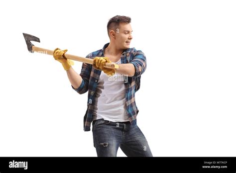 Casual Man With An Axe Isolated On White Background Stock Photo Alamy