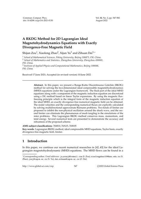 Global Science Press A Rkdg Method For 2d Lagrangian Ideal Magnetohydrodynamics Equations With