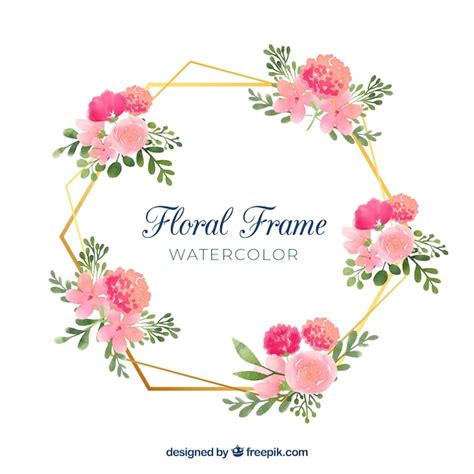 Marco floral en acuarela con líneas poligonales doradas Vector Gratis