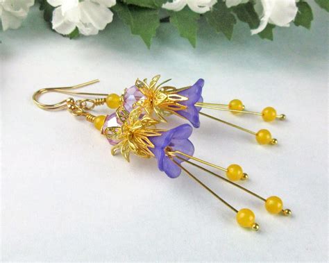 Purple Lucite Flower Earrings Yellow Jade Beads Lavender Glass