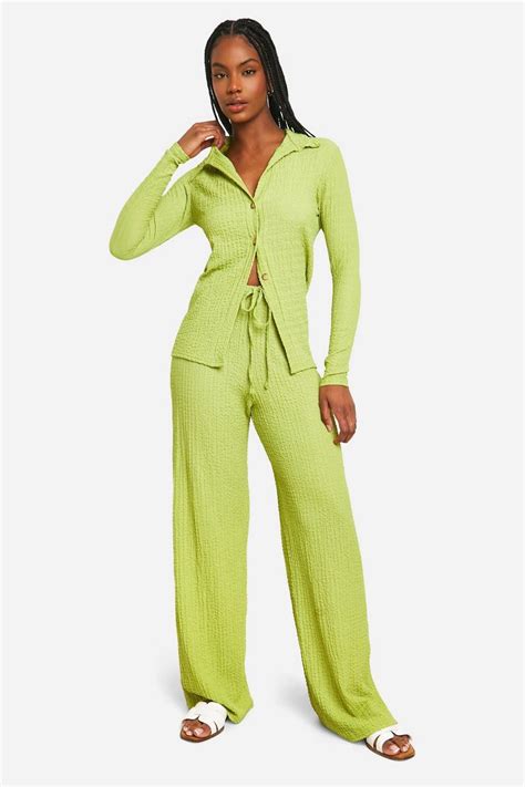 Tall Textured Crinkle Wide Leg Trousers Boohoo Uk