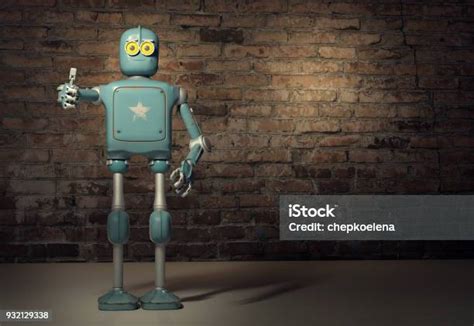 레트로 빈티지 로봇 쇼 엄지 에 벽돌 벽 배경 3d 렌더링입니다 로봇에 대한 스톡 사진 및 기타 이미지 로봇 0명