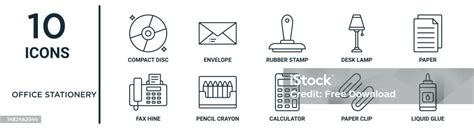 사무용 문구 개요 아이콘 세트에는 얇은 라인 컴팩트 디스크 고무 스탬프 종이 연필 크레용 종이 클립 액체 접착제 보고서
