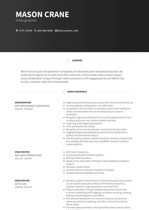 Videographer Resume Samples And Templates VisualCV