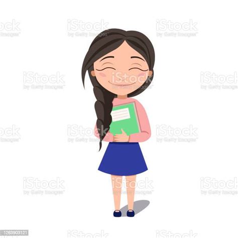 한 여학생이 책을 껴안고 있다 검은 머리의 소녀는 미소를 지었다 흰색 격리 된 배경의 벡터 그림입니다 스톡 이미지 땋은 머리에