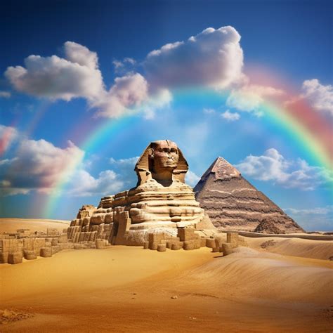 Premium Photo Arafed View Of A Rainbow Over A Pyramid And A Sphinx