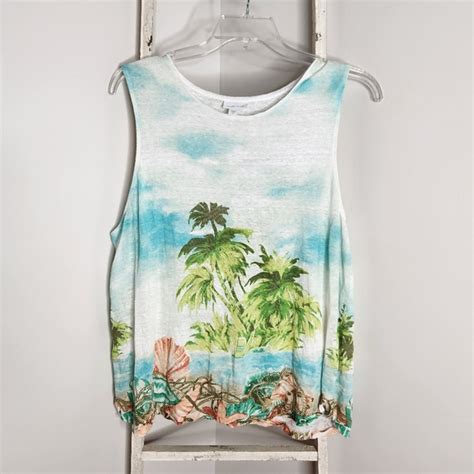 J Jill Tops Jjill Top Womens Xl 0 Linen Palm Tree Beach Seashell Ocean Print Tank Poshmark