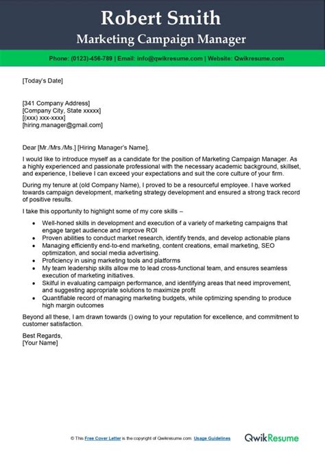 Marketing Campaign Manager Cover Letter Examples QwikResume