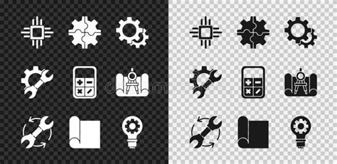Set Processor With Microcircuits Cpu Gear Wrench And Arrows As Workflow Graphing Paper For