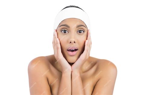 Premium Photo Surprised Nude Brunette With Hairband Touching Face