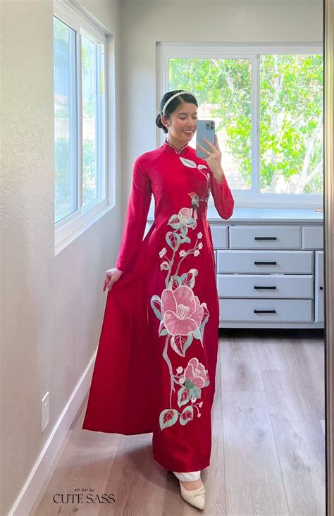 Red Embroidery Peony Pearl Neckline Ao Dai Set Pre Made Modernized