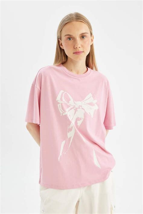 Pembe Kadın Coool Oversize Geniş Kalıp Bisiklet Yaka Baskılı Kısa Kollu Tişört 3133450 Defacto