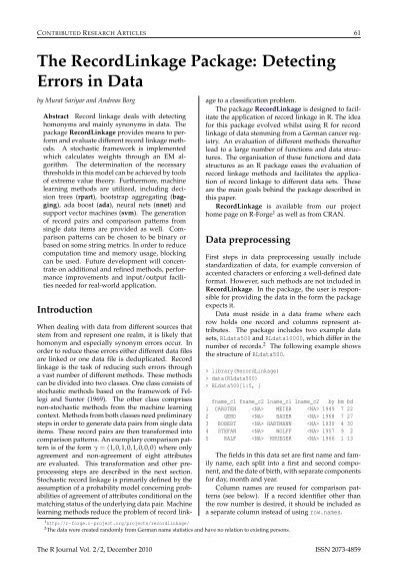 The Recordlinkage Package Detecting Errors In Data The R Journal