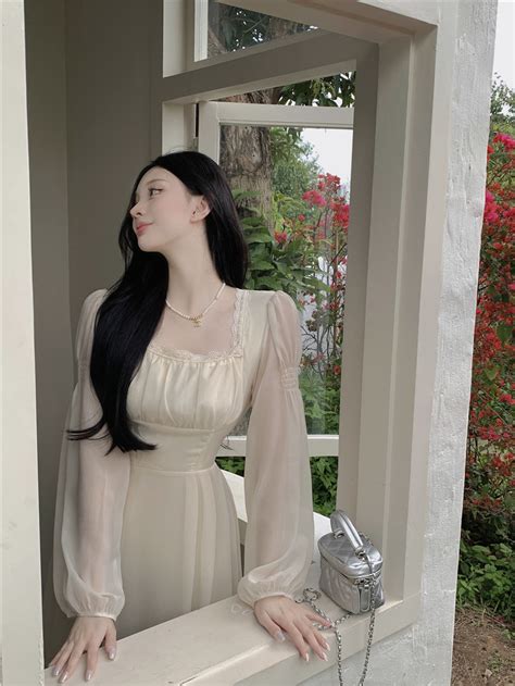 당일발송라스트피스s 원가이하 세일 공주 드레스 레이스 스퀘어넥 셔링 퍼프숄더 볼륨소매 하이웨스트 플레어 시스루 쉬폰 긴팔 롱 원피스 러블리 레트로 빈티지