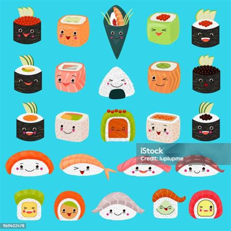 귀여운 음식 벡터 이모티콘 일본 초밥 성격과 Emoji 회와 롤 일본 레스토랑 그림 얼굴 감정 배경에 격리 설정 아시아 요리