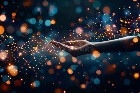 Human And Robotic Hands Reaching Across Glowing Data Streams In Digital Network Connection Stock