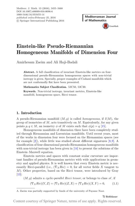 Einstein Like Pseudo Riemannian Homogeneous Manifolds Of Dimension Four Request Pdf