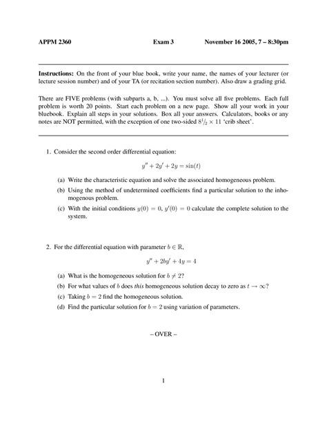 Exam 3 In Appm 2360 Differential Equations And Complex Analysis Exams Mathematics Docsity