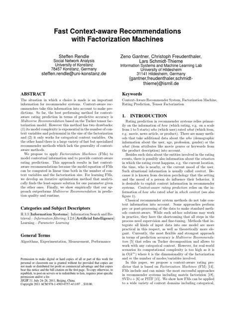 Fm Fast Context Aware Recommendations With Factorization Machines