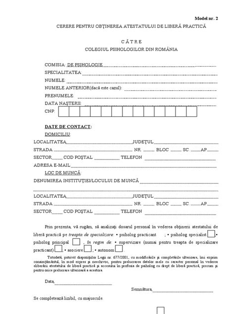 Model 2 Cerere Tip Obtinere Atestat De Libera Practica Pdf