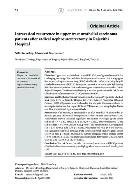 Pdf Intravesical Recurrence In Upper Tract Urothelial Carcinoma Patients After Radical