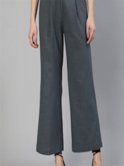 Buy Jaipur Kurti Women Grey Flared High Rise Pleated Cotton Trousers
