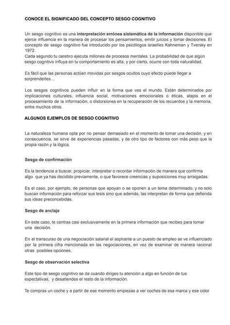 SOLUTION Conoce El Significado Del Concepto Sesgo Cognitivo Studypool