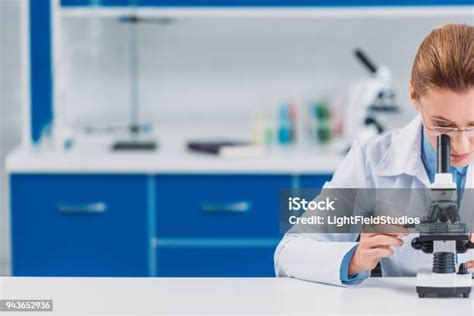 실험실에서 현미경 시 약에 들여다 안경에서 여성 과학자의 자른 현미경에 대한 스톡 사진 및 기타 이미지 현미경 과학자 실험실 Istock