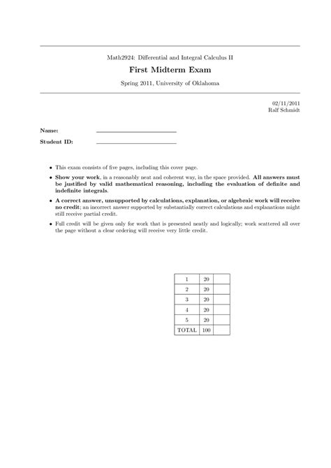 Midterm Exam 1 Differential And Integral Calculus Ii Math 2924