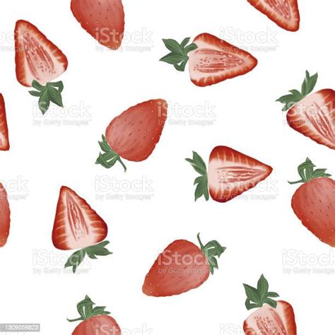 전체 딸기와 반으로 매끄러운 패턴 베리는 빨간색과 잘 익은 흰색 정맥으로 잘라 녹색 잎 흰색 배경에 격리 스톡 일러스트레이션 0명에 대한 스톡 벡터 아트 및 기타 이미지