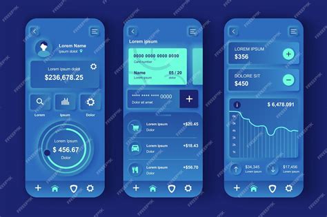 온라인 뱅킹 개념 뉴모픽 템플릿은 관리 및 회계 Ui Ux Gui 화면을 설정합니다 프리미엄 벡터