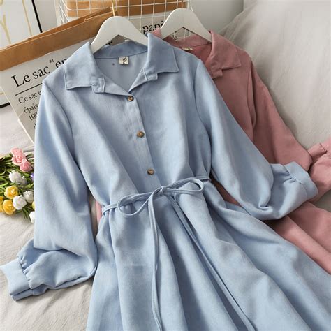 봉주 폴로 카라 코듀로이 긴팔 하이웨이스트 A라인 미디 중간 길이 원피스 드레스 9color 결혼식 하객룩연회룩촬영룩데일리룩캐주얼룩모임룩