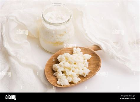 Milk Kefir Grains In Spoon Yeast Bacterial Fermentation Starter Stock