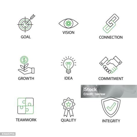 현대 평면 얇은 라인 비즈니스 핵심 가치에서 아이콘 설정 Word 키 Goal Vision Connection Growth