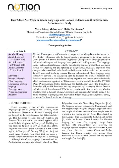 Pdf How Close Are Western Cham Language And Bahasa Indonesia In Their