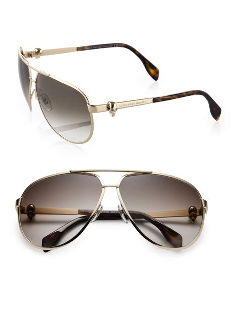Alexander Mcqueen Metal Skull Aviator Sunglasses In Gold For Men Lyst