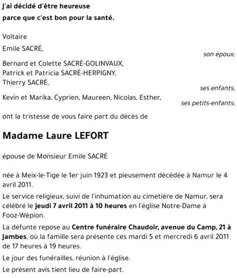 Avis De Décès De Laure Lefort Décédé Le 04042011 à Namur Annonce