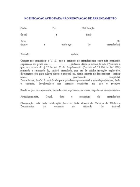 Notificacao Aviso Para Nao Renovacao De Arrendamento Pdf