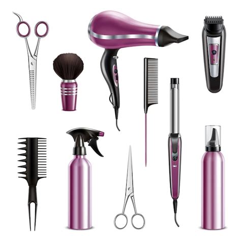 Herramientas de peluquería conjunto realista con secador de pelo peines
