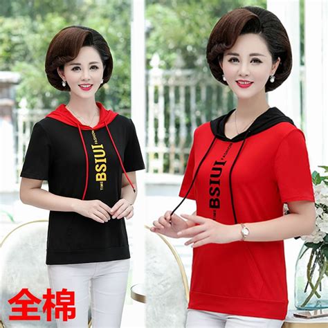 中年女士短袖纯棉休闲t恤妈妈装全棉连帽小衫中老年女装夏装上衣虎窝淘