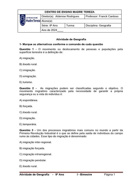 8º Ano Atividade De Geografia Pdf Migração Humana Imigração