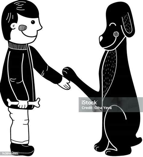 소년과 강아지의 그림입니다 소년은 손에 뼈를 들고 서 있고 개는 그에게 발을줍니다 개와 남자의 우정 스톡 벡터 그림입니다 개에