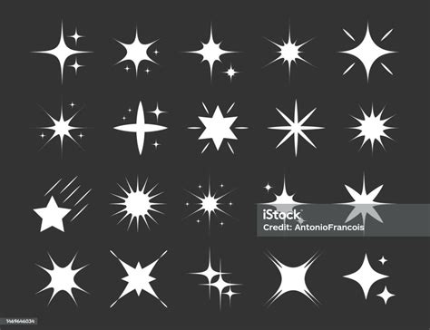 흰색은 상징을 반짝입니다 원래 별 반짝이는 아이콘의 집합입니다 밝은 불꽃 놀이 장식 반짝임 반짝이는 플래시 빛나는 조명 효과 별과 버스트 컬렉션 검은색에 대한 스톡 벡터