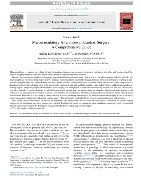 Microcirculatory Alterations In Cardiac Surgery A Comprehensive Pdf